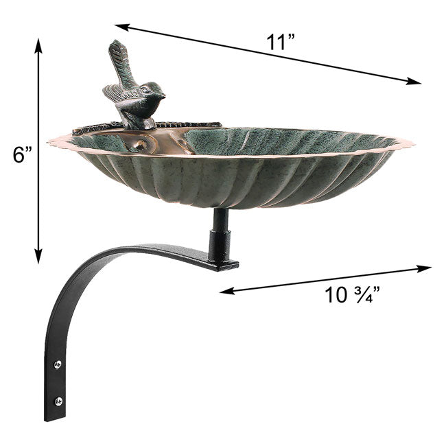 Verdigris Scalloped Shell Birdbath with Black Metal Wall Bracket– inthegardenandmore.com