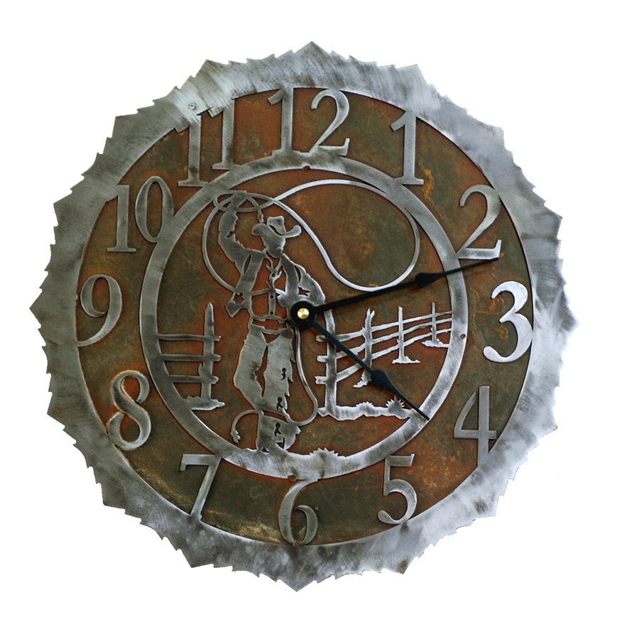 Roping Cowboy Handcrafted Rustic Metal Wall Clock - 12"