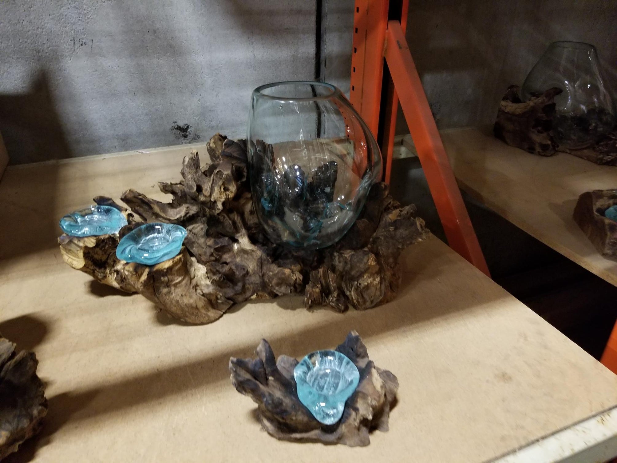 Single Hand Blown Molten Glass Candle Holder and Wood Root Sculpture